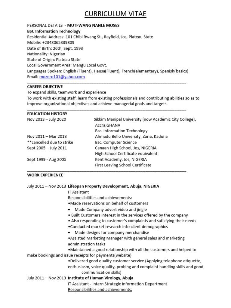 Mutfwang Nanle Moses CV - IT Professional | PDF | Sat | Microsoft Office