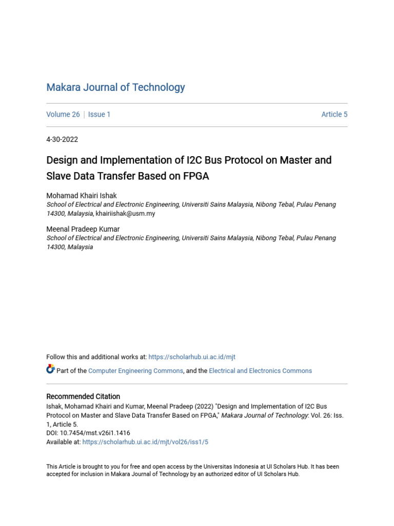 Design and Implementation of I2C Bus Protocol On Master and Slave | PDF ...