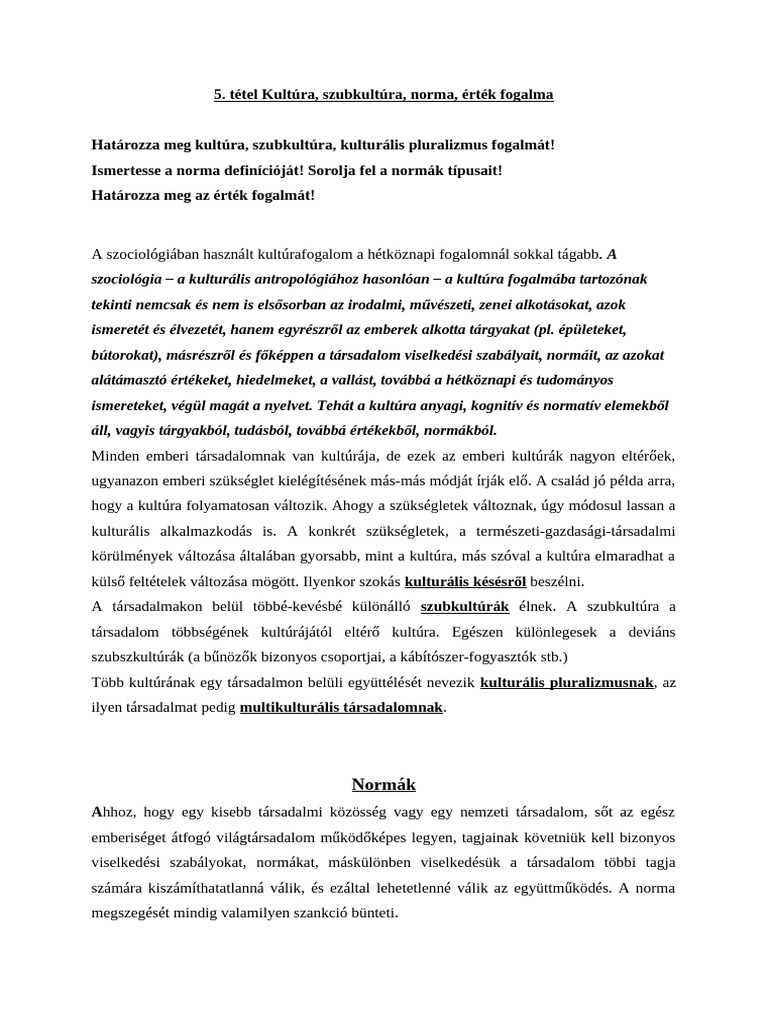 Tétel Kultúra, Szubkultúra, Norma, Érték Fogalma OK | PDF