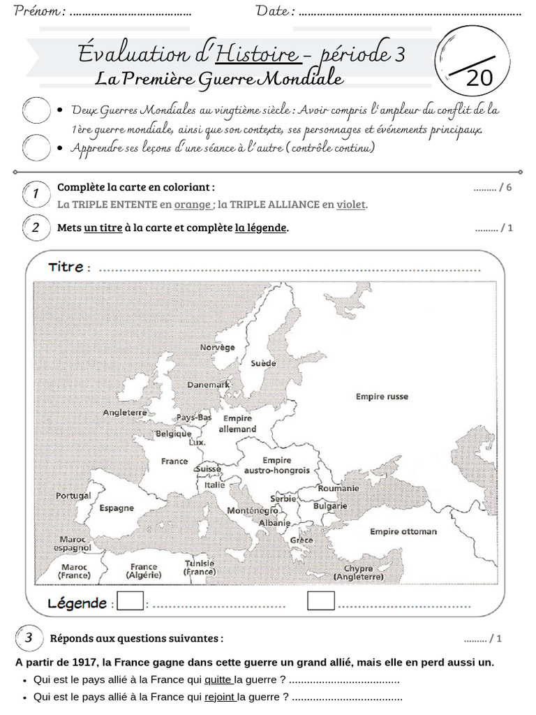 Évaluation Histoire : Première Guerre Mondiale | PDF | Première guerre ...
