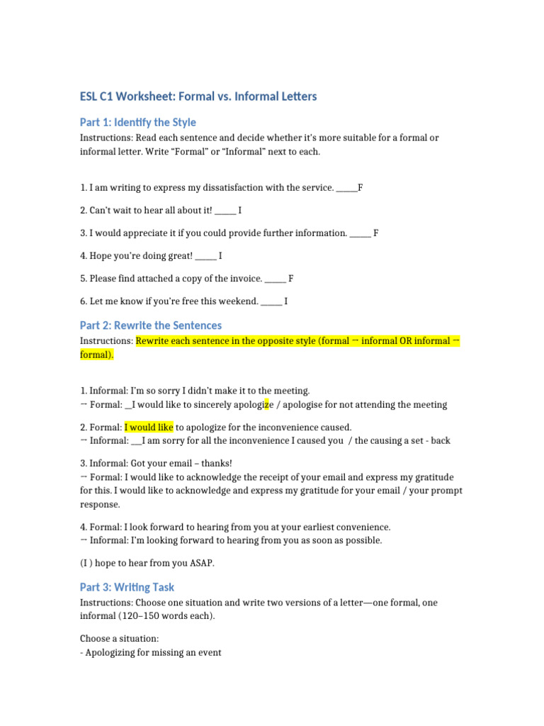ESL C1 Formal Informal Letter Worksheet 09.07.25 | PDF