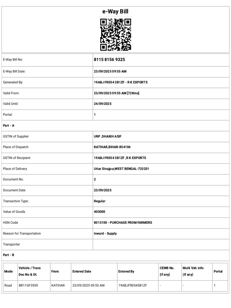 E-Way Bill Details for R K Exports | PDF