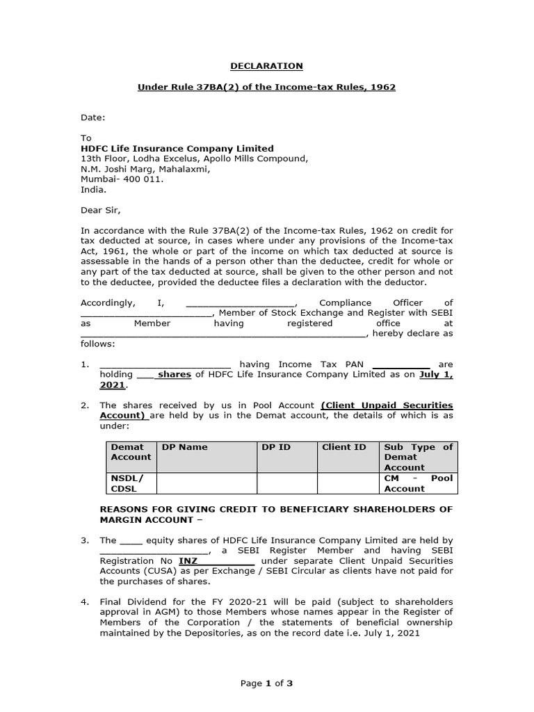 HDSL TDS Declaration Rule 37BA Pool Account1 | PDF | Dividend | Income Tax