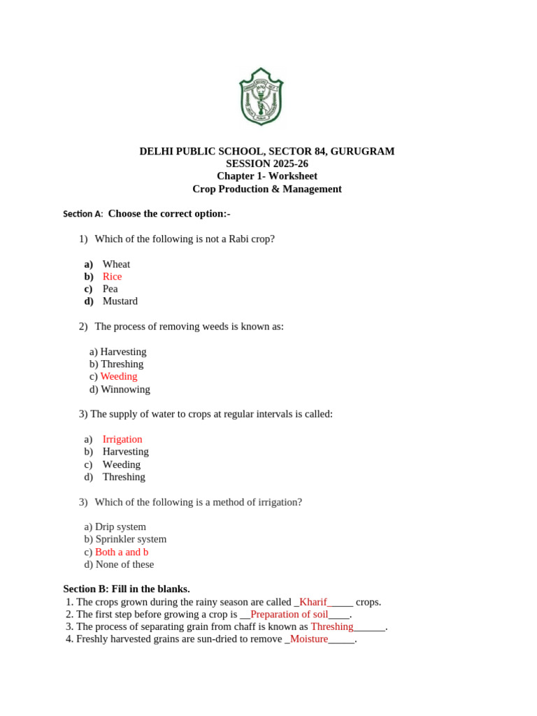 Crop Production & Management Worksheet | PDF | Cereals | Soil