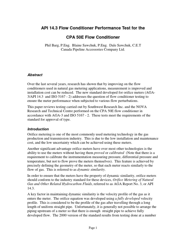 API 14.3 Flow Conditioner Performance Test For The CPA 50E Flow ...