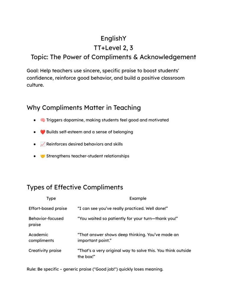 EY L2+3, TT Power of Compliments & Acknowledgement | PDF | Behavioural ...
