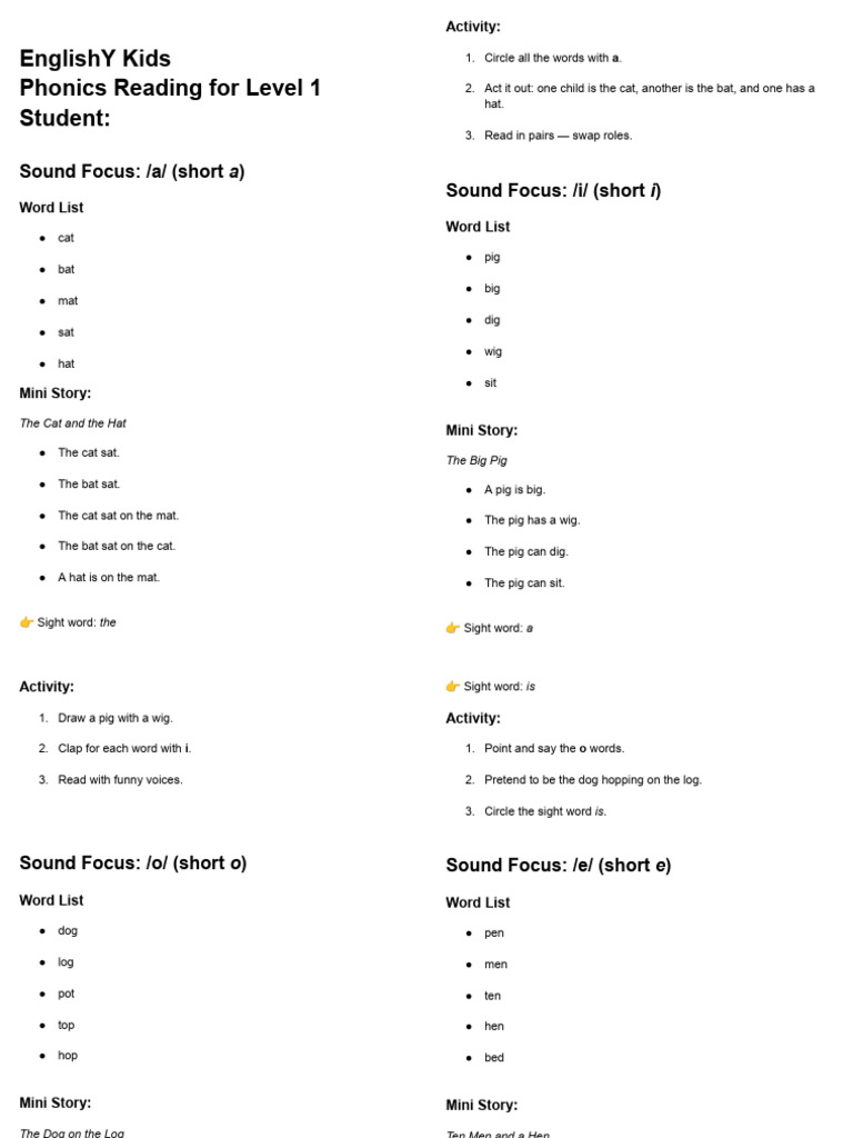 EY L1 Phonics Reading 1 | PDF | Literacy | Hobbies