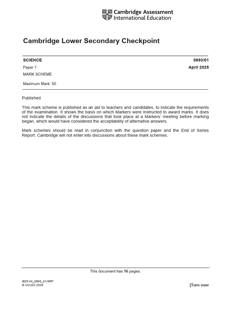 Cambridge Lower Secondary Checkpoint Science April 2025 Paper 1 Mark ...
