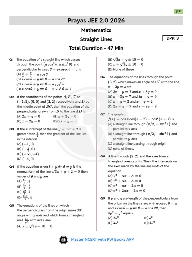 JEE 2026 Mathematics: Straight Lines | PDF | Vertex (Geometry) | Triangle
