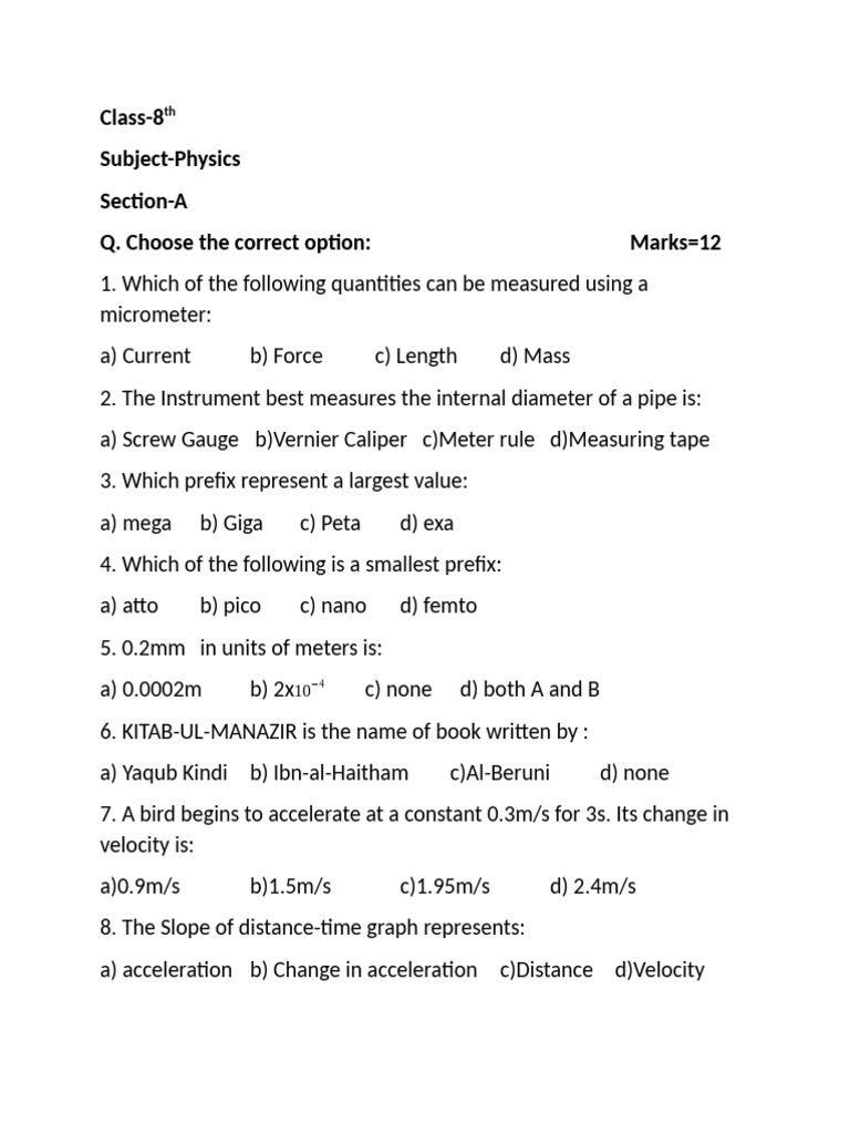 Class 8 Physics MCQs and Concepts | PDF | Acceleration | Velocity