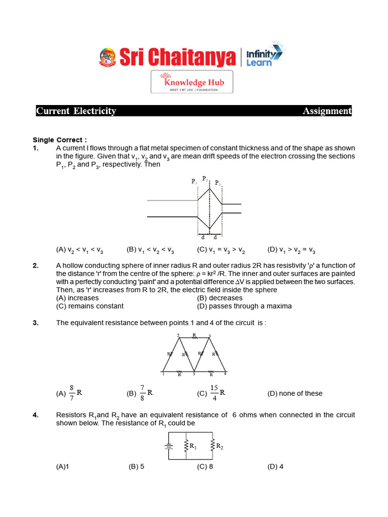 Current Electricity Assignment | PDF | Electrical Resistivity And Conductivity | Resistor