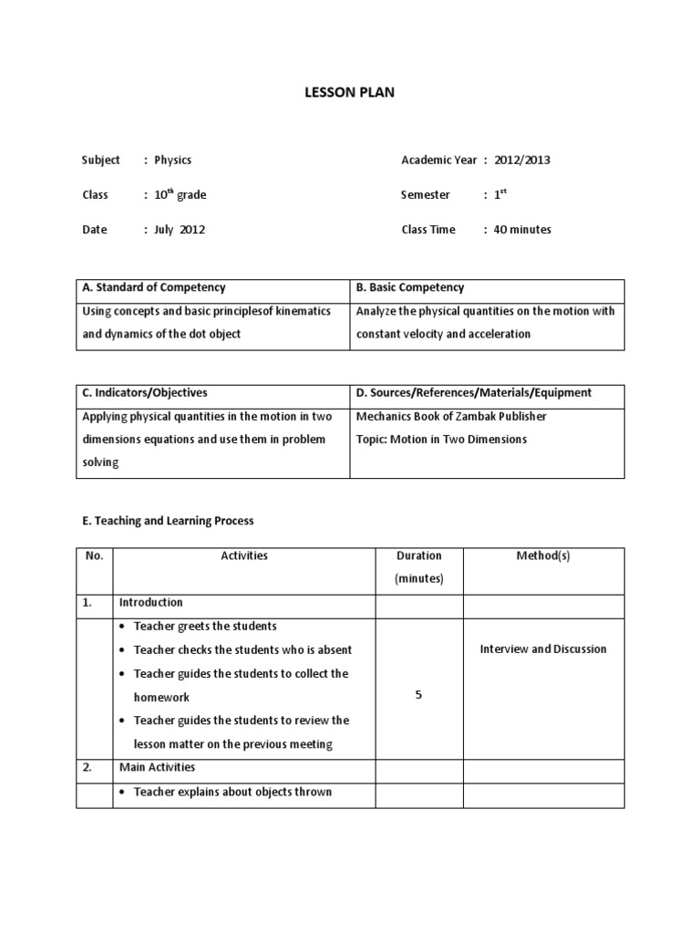 Lesson Plan | PDF | Kinematics | Teachers