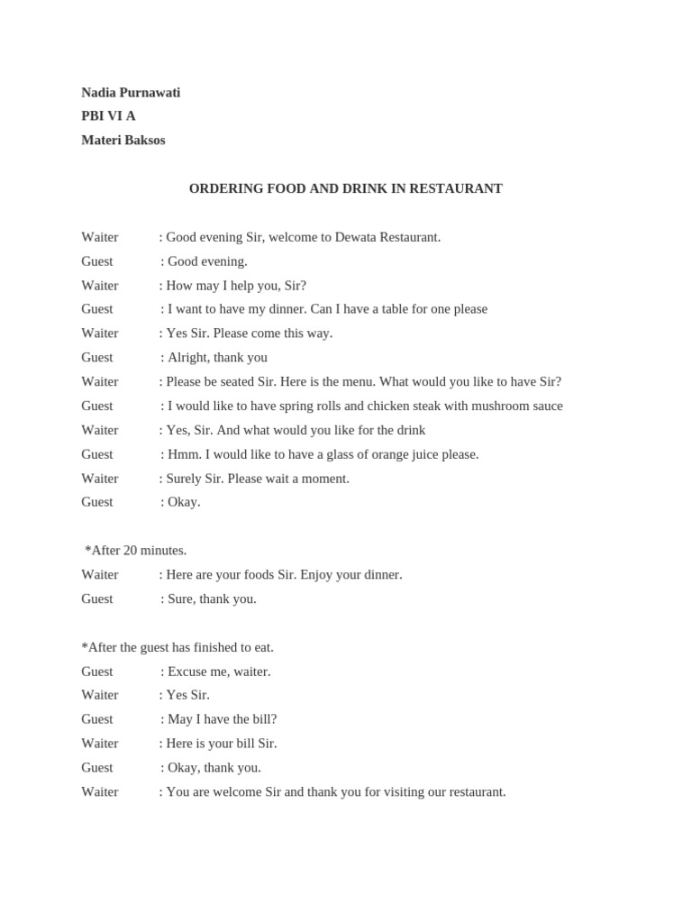 Ordering Food Dialogue Practice | PDF