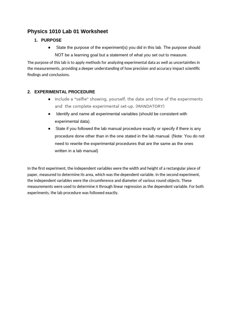 Physics 1010 Lab 1 Worksheet UNE | PDF | Experiment | Measurement