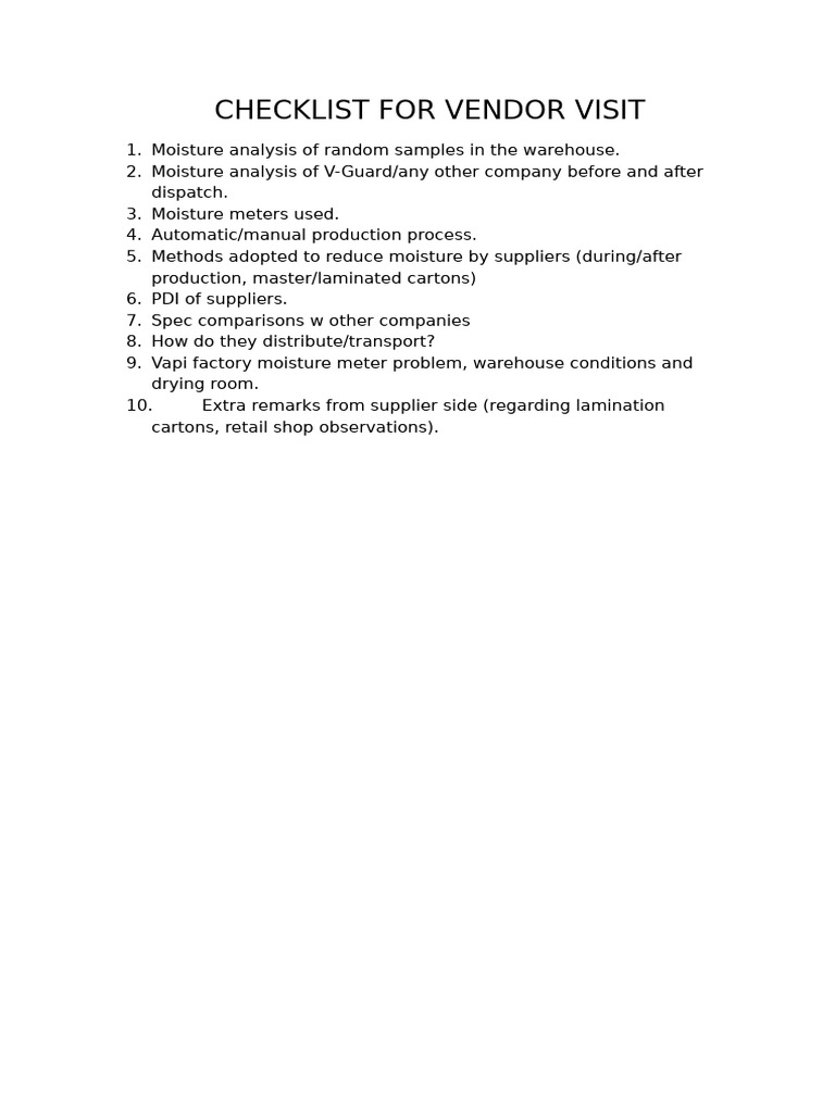 Checklist For Vendor Visit | PDF