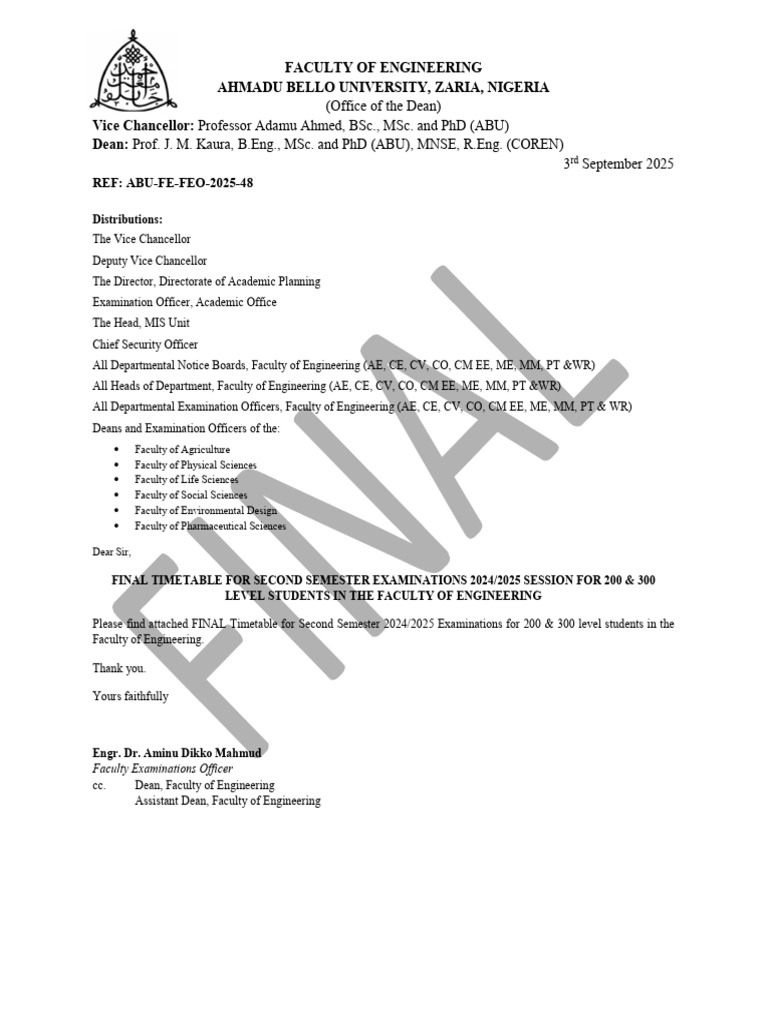 Final Examination Time Table Second Semester 2024 2025 | PDF | Academia | Educational Stages