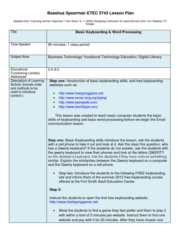 Basic Keyboarding & Word Processing Lesson | PDF | Learning Disability ...