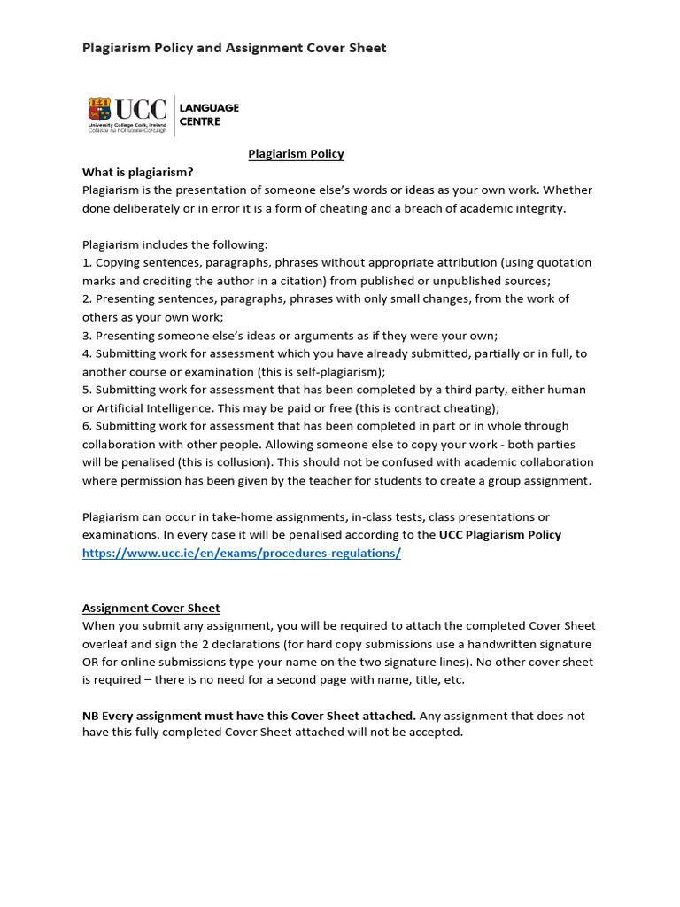 2024 Plagiarism Policy and Assignment Cover Sheet-2-2 | PDF | Plagiarism