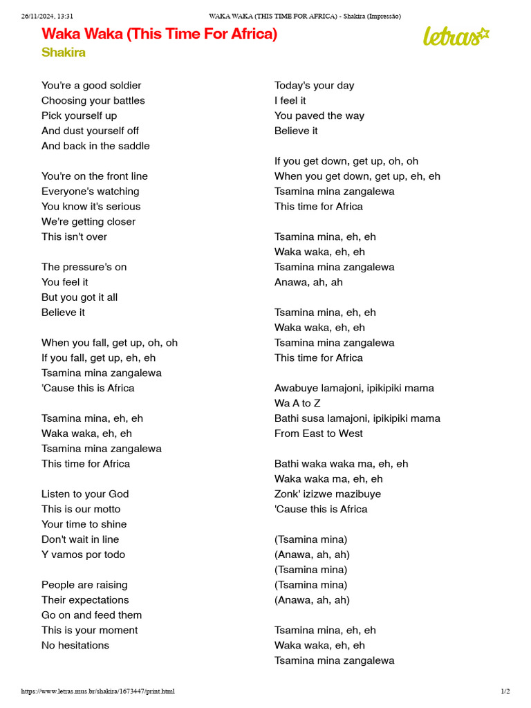 Waka Waka Lyrics by Shakira | PDF | Songs Written | Francophone Music
