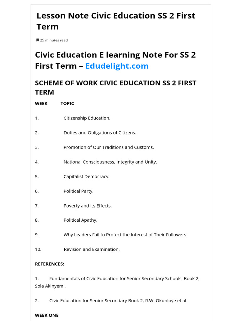 Lesson Note Civic Education SS 2 First Term | PDF | Citizenship | Elections