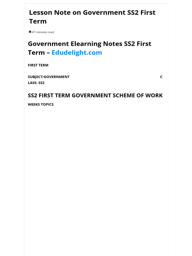 Lesson Note On Government SS2 First Term | PDF | Elections | Voting