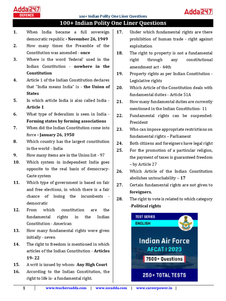 100+ Indian Polity One-Liners Guide | PDF | Governance | Legal Documents