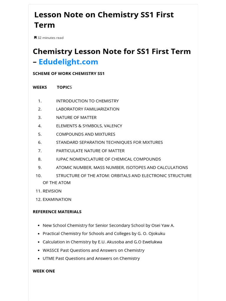 SS1 Chemistry First Term Lesson Note | PDF | Ion | Chemical Compounds