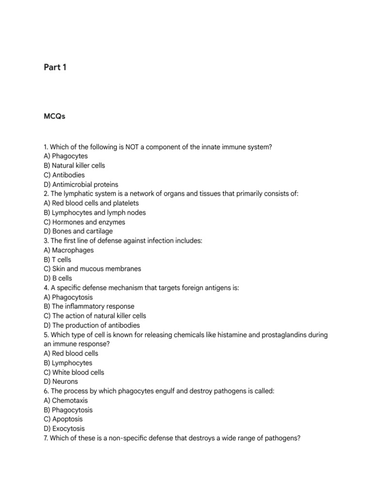 Nutrition and Immunity System MCQ | PDF | Immune System | Phagocyte