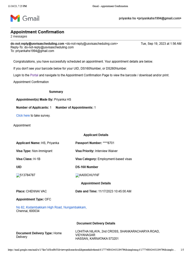 Appointment Confirmation for H-1B Visa | PDF | Travel Visa | Government ...