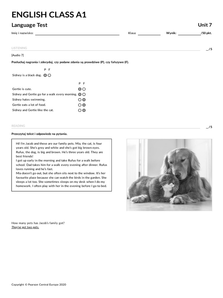 A1 English Class: Family Pets Test | PDF | Zoology