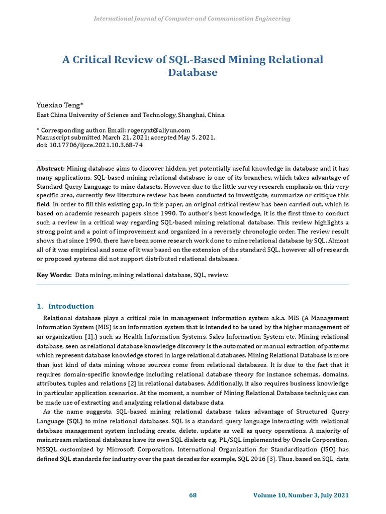 A Critical Review of SQL-Based Mining Relational Lec3 | PDF | Databases | Relational Database