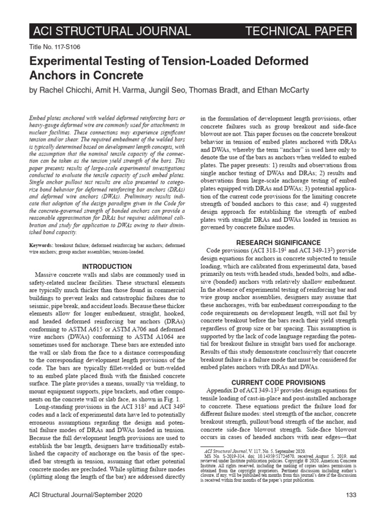 Experimental Testing of Tension-Loaded Deformed Anchors in Tension ...