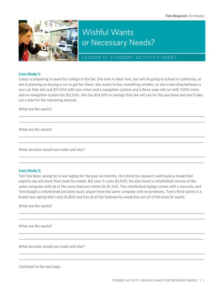 Evaluating Wants vs. Needs Activity | PDF