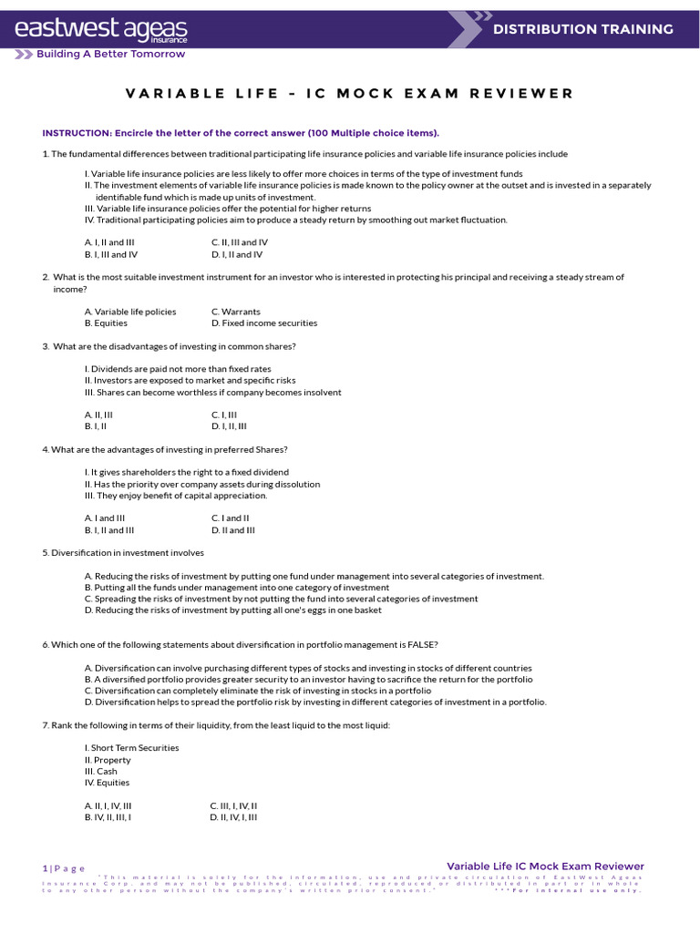 Variable Life Insurance Mock Exam Guide | PDF | Investment Fund | Investing