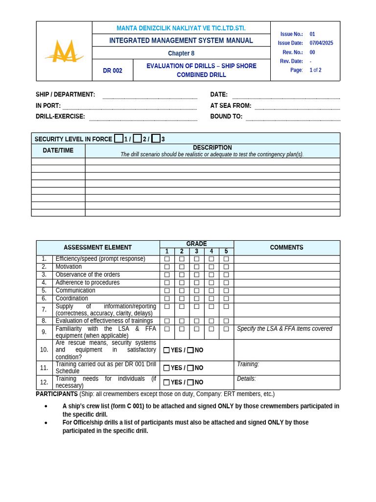 Ship Shore Combined Drill Evaluation Manual | PDF