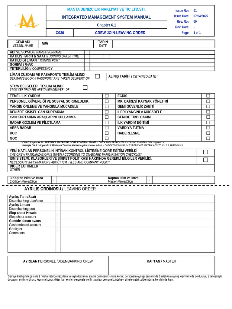 c030 - Crew Join-Leaving Order | PDF