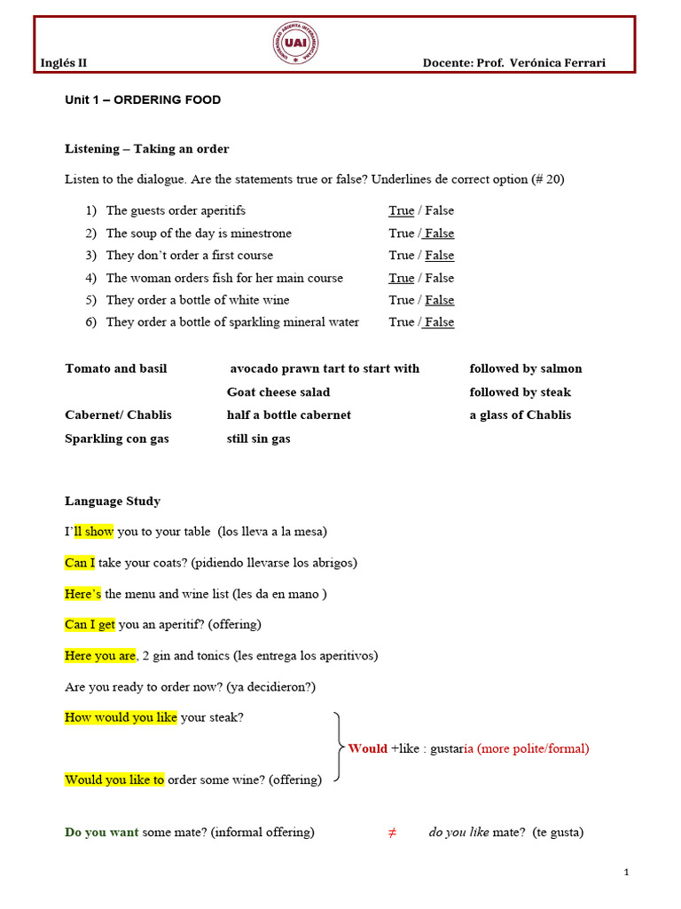 English 2 Unit 1 Grammar - Listening - Ordering in A Restaurant August ...