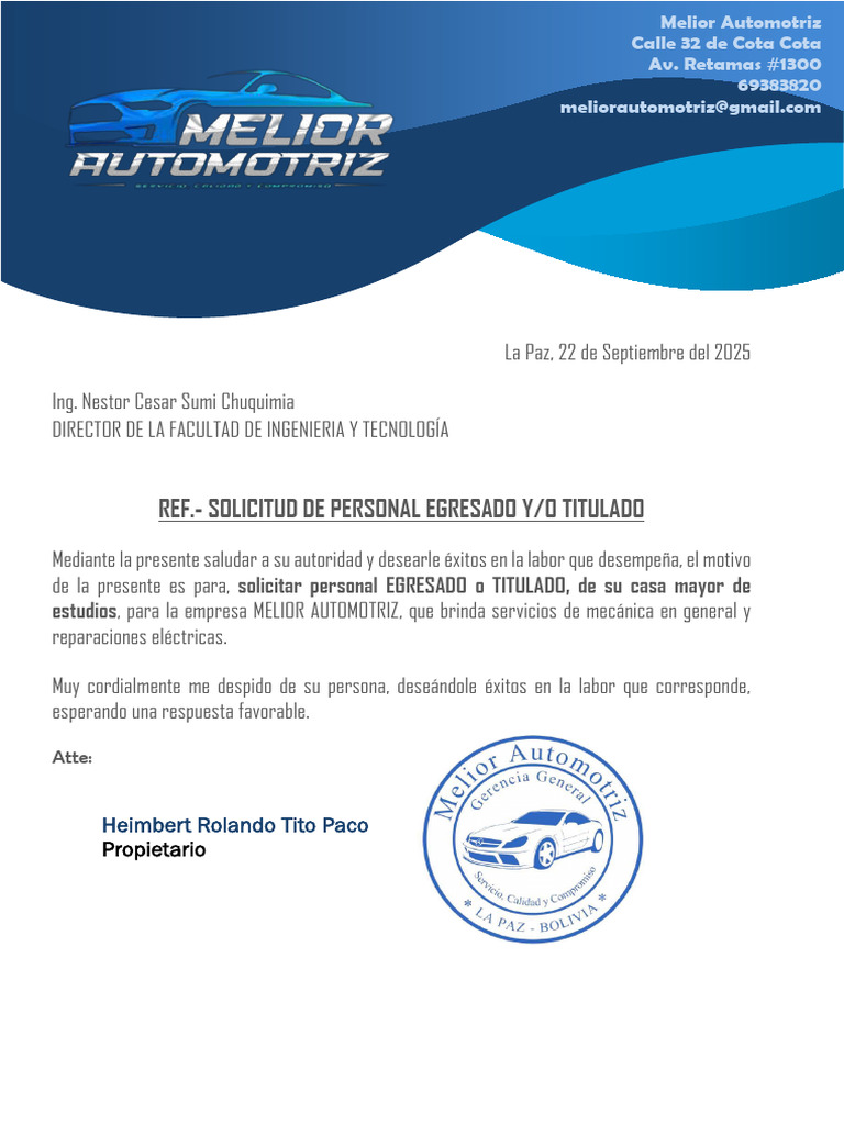 Solicitud de Personal Egresado para Melior Automotriz | PDF