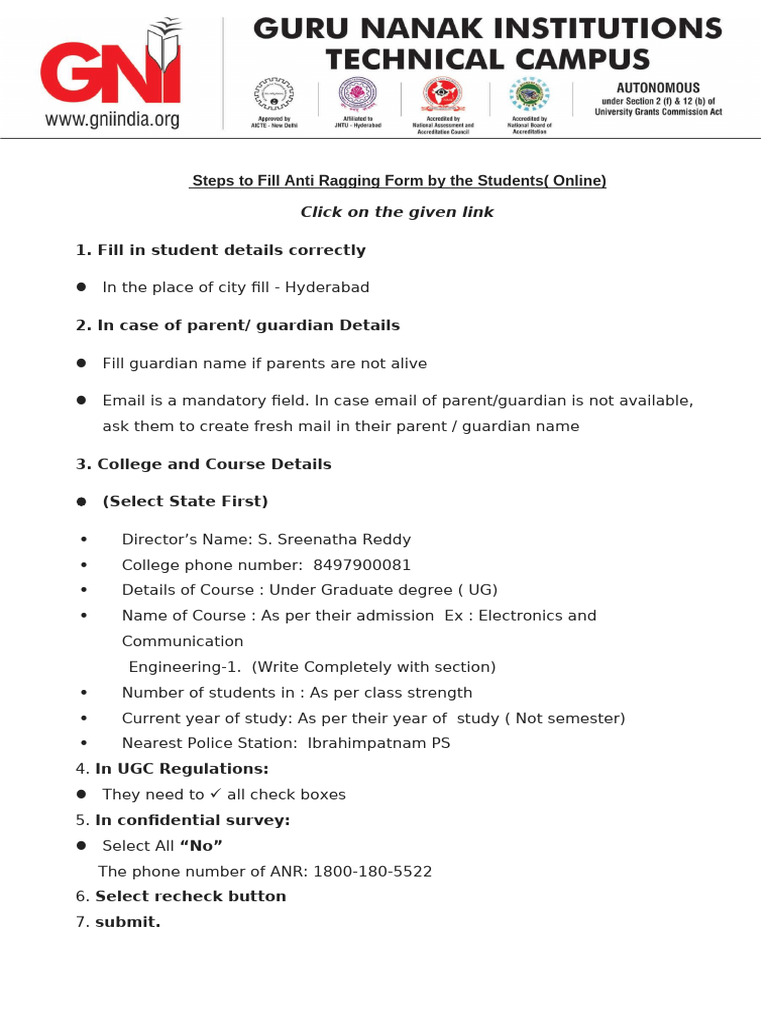 Steps To Fill Anti Ragging Form by The Students | PDF