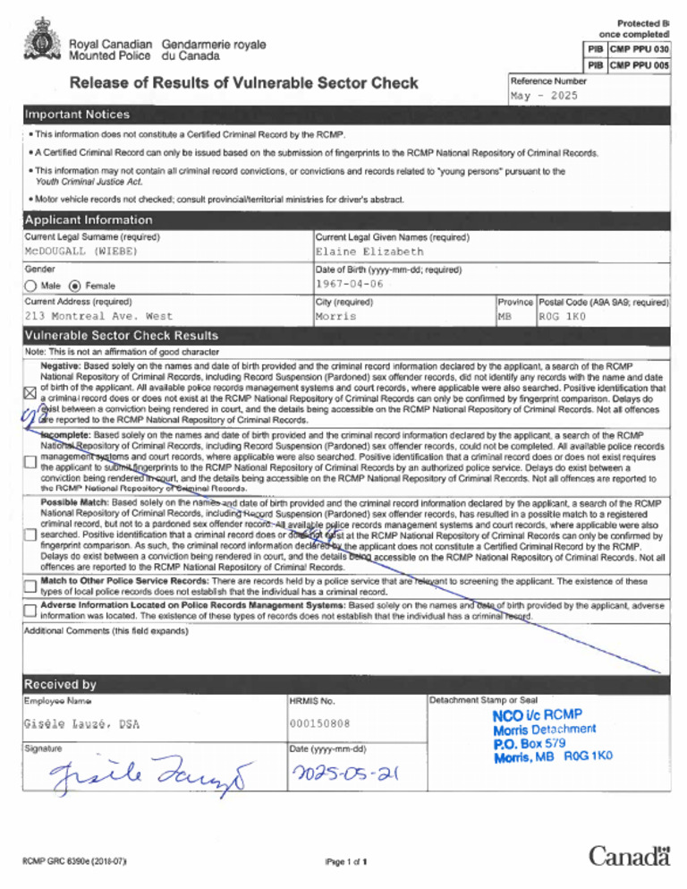 Vulnerable Sector RCMP Check | PDF