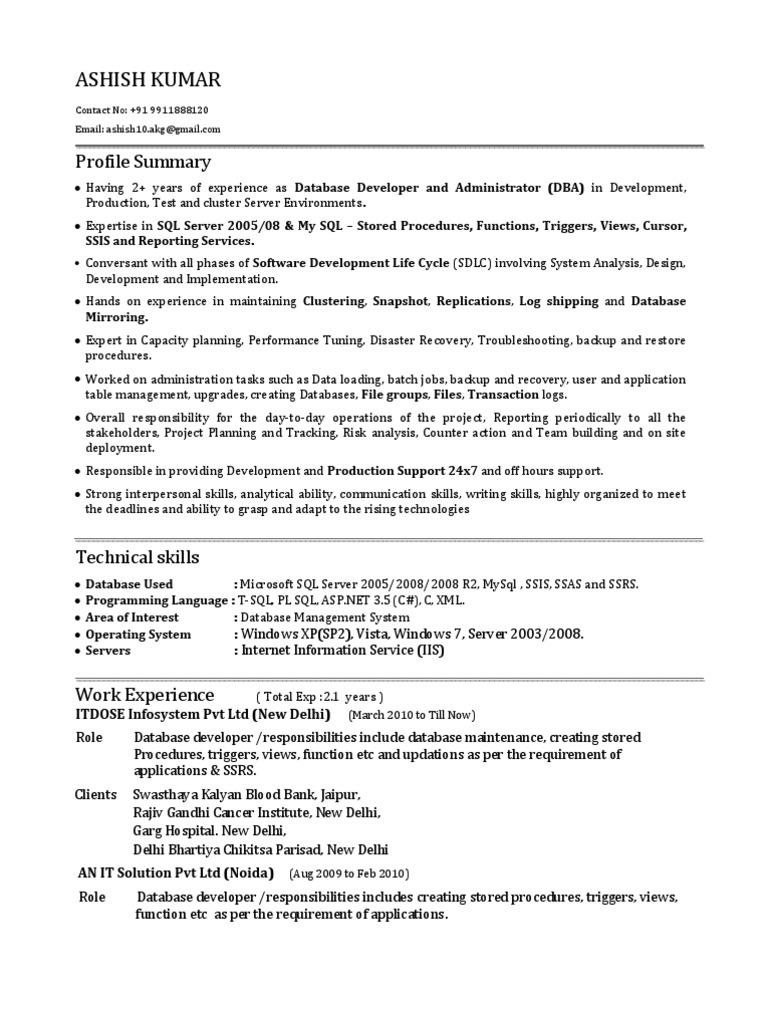 Ashish Kumar: Profile Summary | PDF | Microsoft Sql Server | Databases