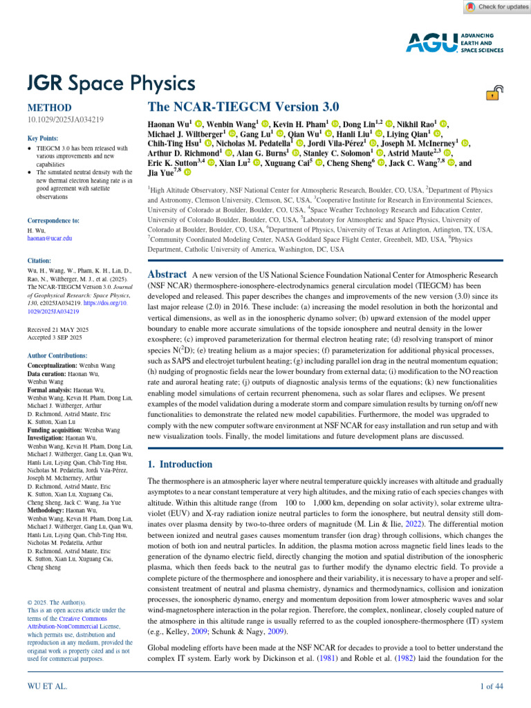 JGR Space Physics - 2025 - Wu - The NCAR%E2%80%90TIEGCM Version 3 0 ...