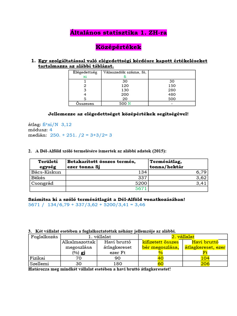 Statisztika 1 ZH Feladatok Középértékek Megoldás | PDF