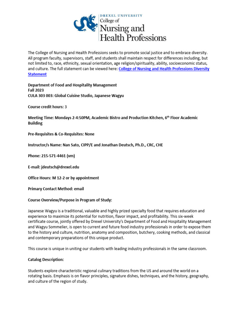 CULA 303 Syllabus Fall 2023 | PDF | Learning | Cuisine