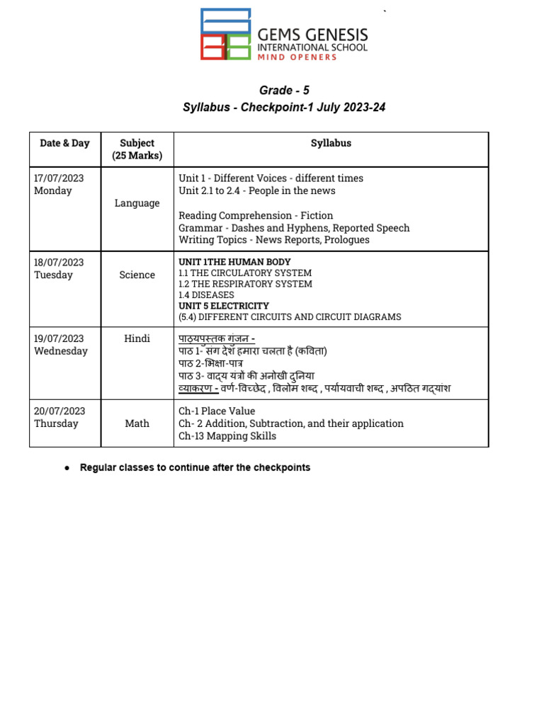 Grade 5 Checkpoint 1 Time Table | PDF