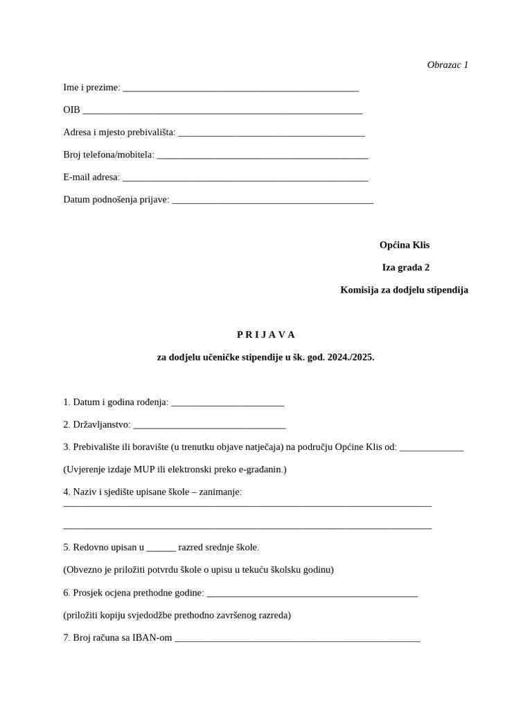 Obrazac Uccenici 24 25 | PDF