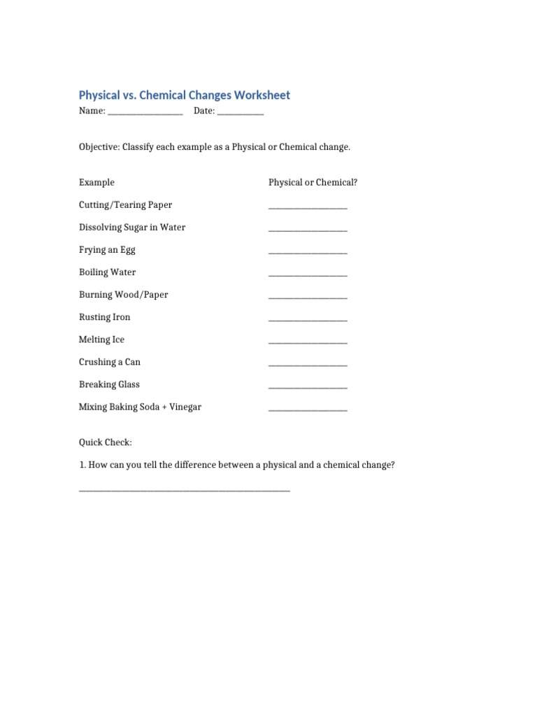 Physical Vs Chemical Changes Worksheet | PDF