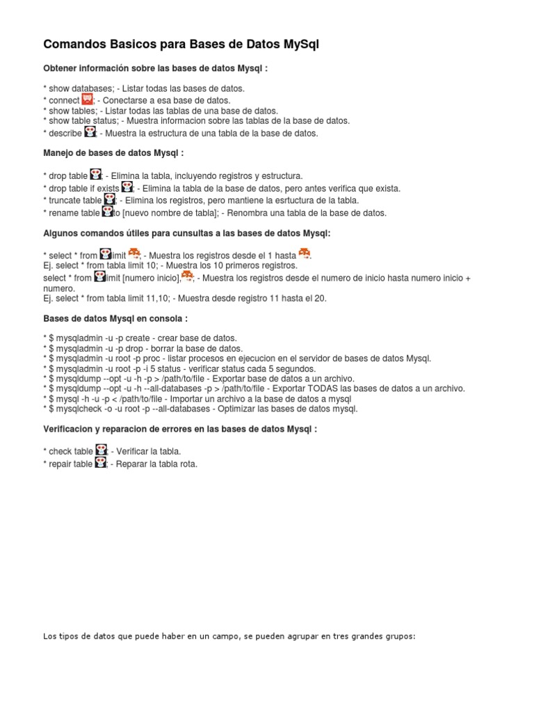 Comandos Basicos para Bases de Datos MySql | PDF | Byte | Tabla (base ...