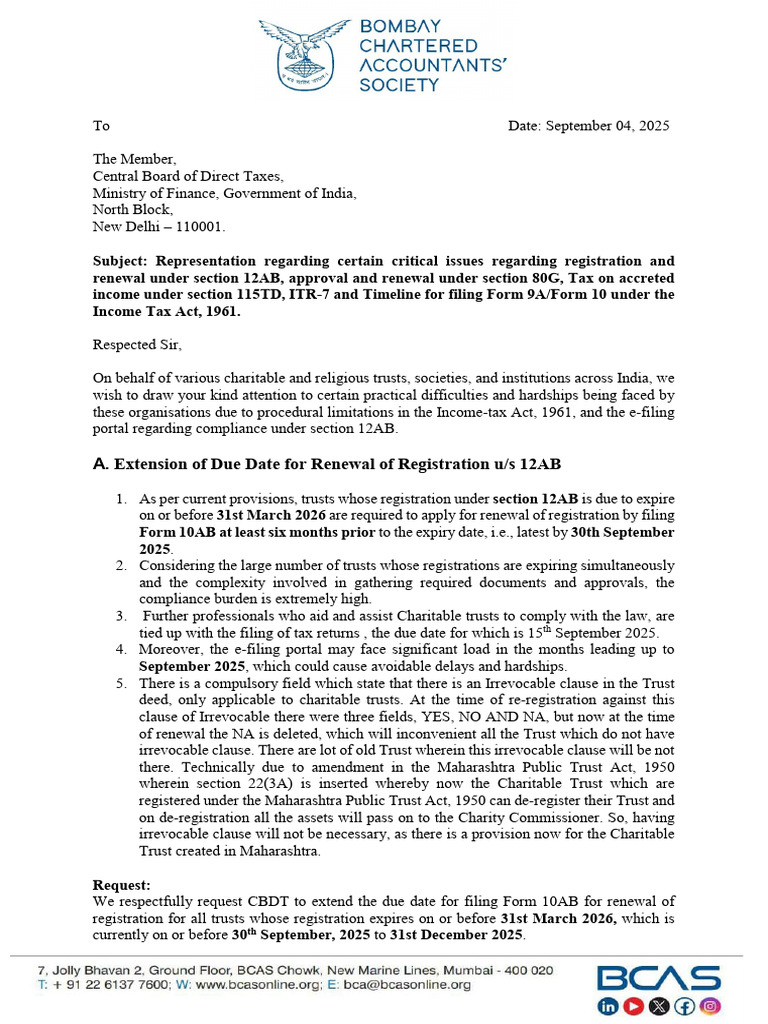 BCAS Representation Letter To CBDT Form 10A 12a1aci and Renewal of 12AB ...