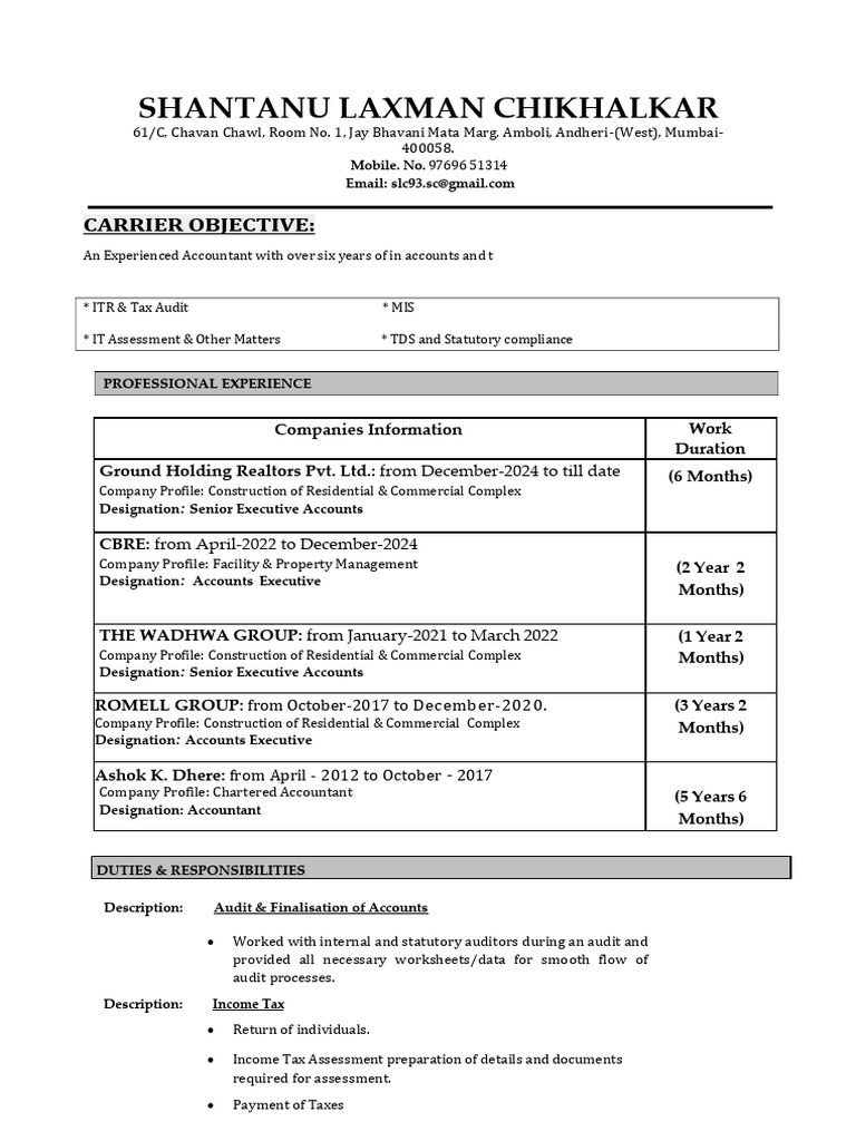 Shantanu Laxman Chikhalkar - Resume | PDF | Debits And Credits | Payments